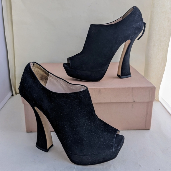 Miu Miu | Shoes | Miu Miu Black Suede Leather Peep Toe Flared Heel ...